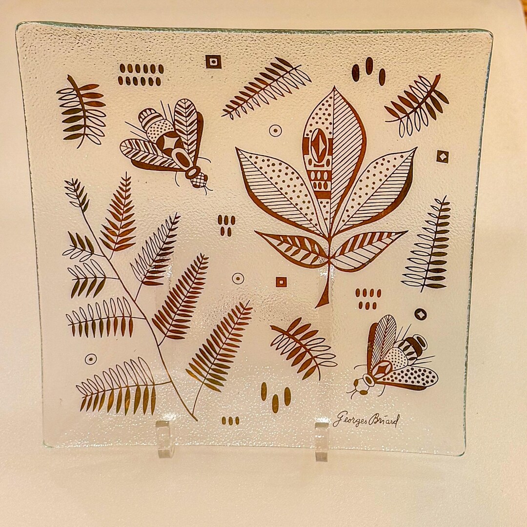 Vintage Georges Briard Glass Tray: Ferns & Bees, Mid-century Gold Plate ...