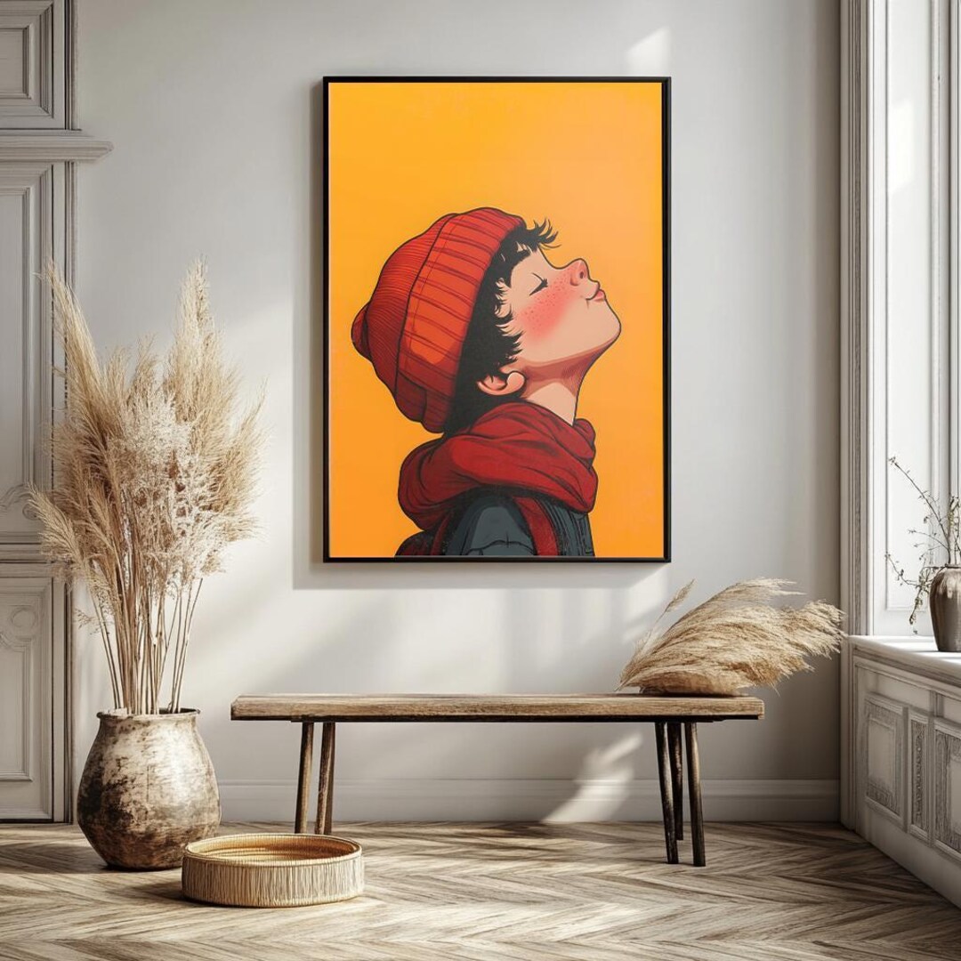 Whimsical Boy Wall Art, Minimalist Illustration Poster, Vibrant Kids ...