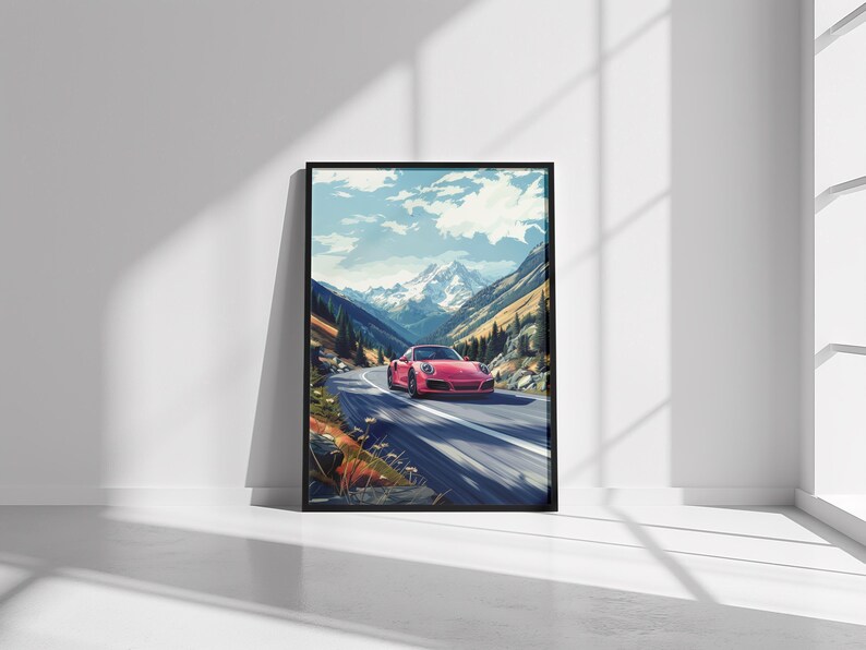 Sports Car Wall Art Red Car Poster on Mountain Road, Scenic Automotive ...