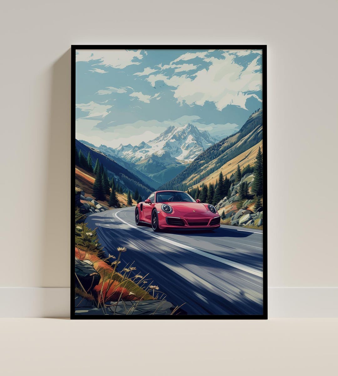 Sports Car Wall Art - Red Car Poster on Mountain Road, Scenic ...