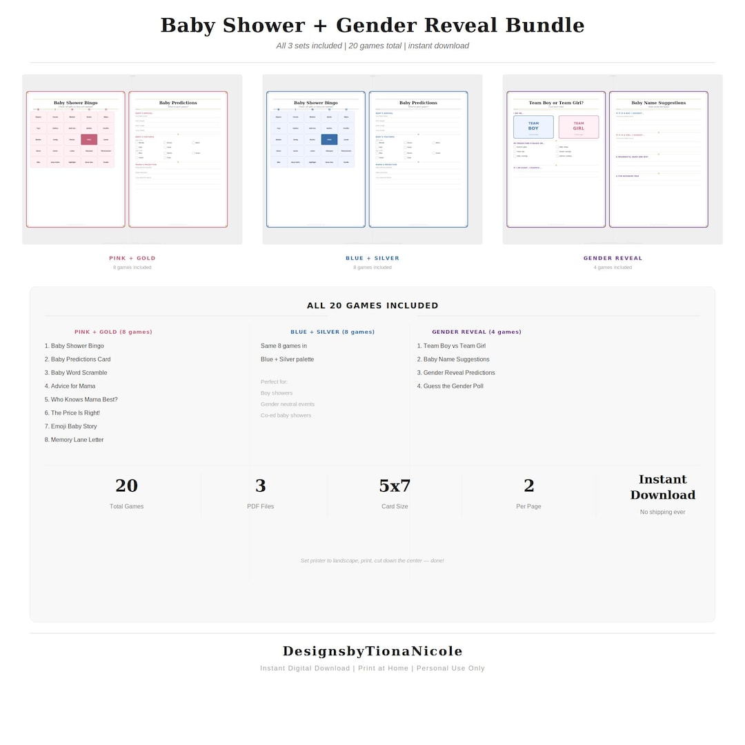 Baby Shower Gender Reveal Games Bundle | Pink Gold Blue Silver (digital ...