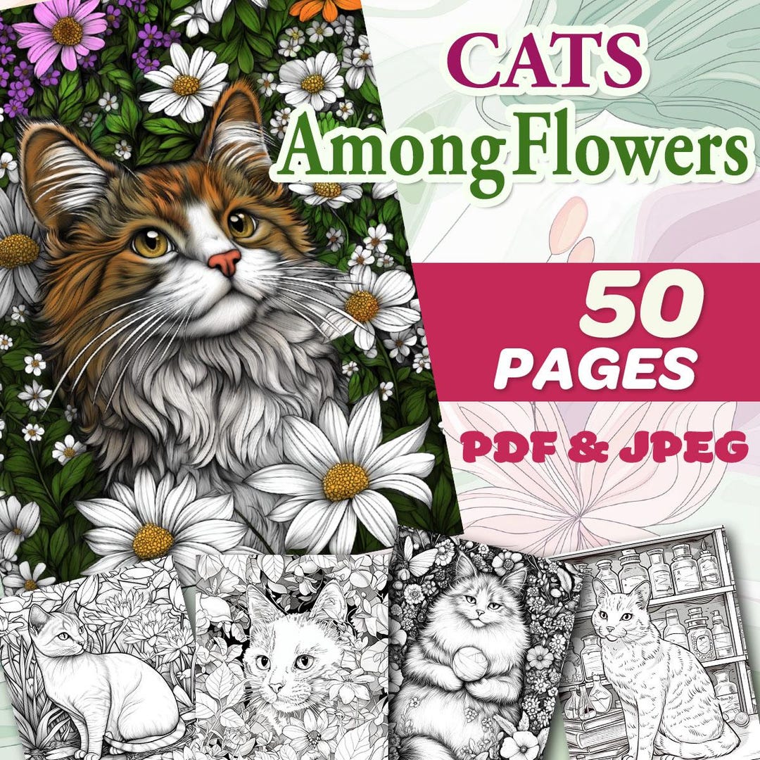 Cats Among Flowers: Digital Coloring Pages Adult Coloring Book | Trendy ...