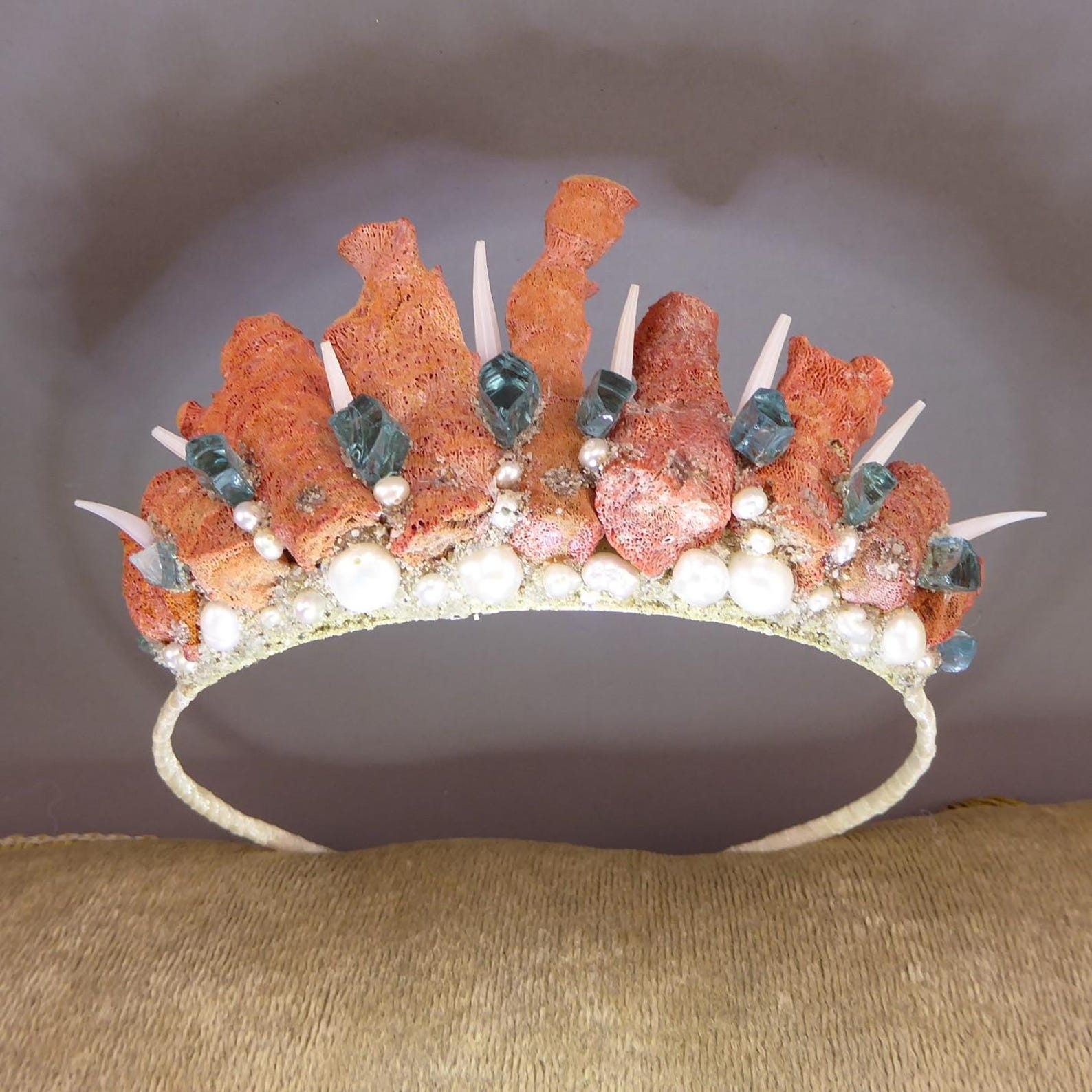 Coral Mermaid Crown for Beach Wedding W. Blue Sea Glass, Pearls, Tusk ...