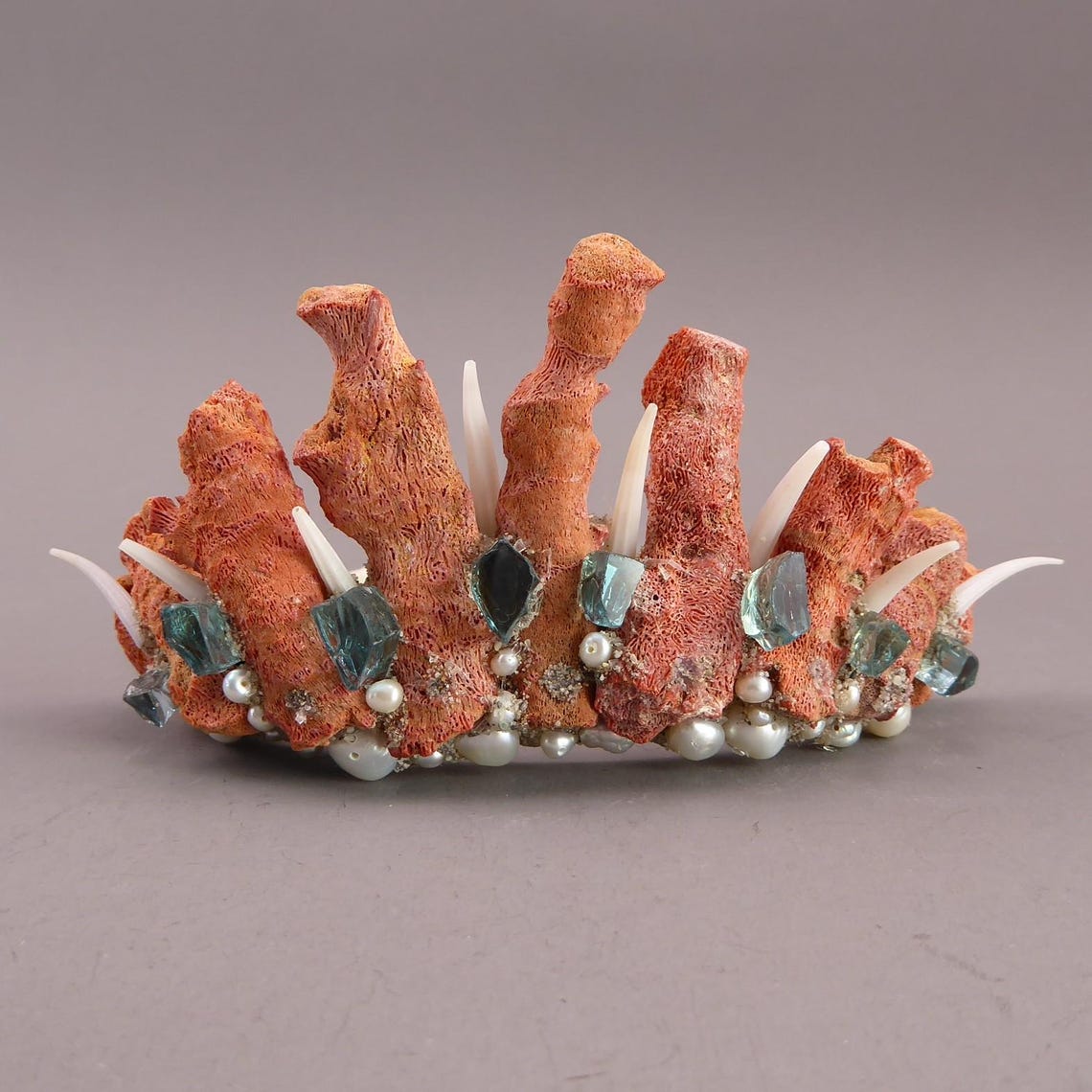 Coral Mermaid Crown for Beach Wedding W. Blue Sea Glass, Pearls, Tusk ...