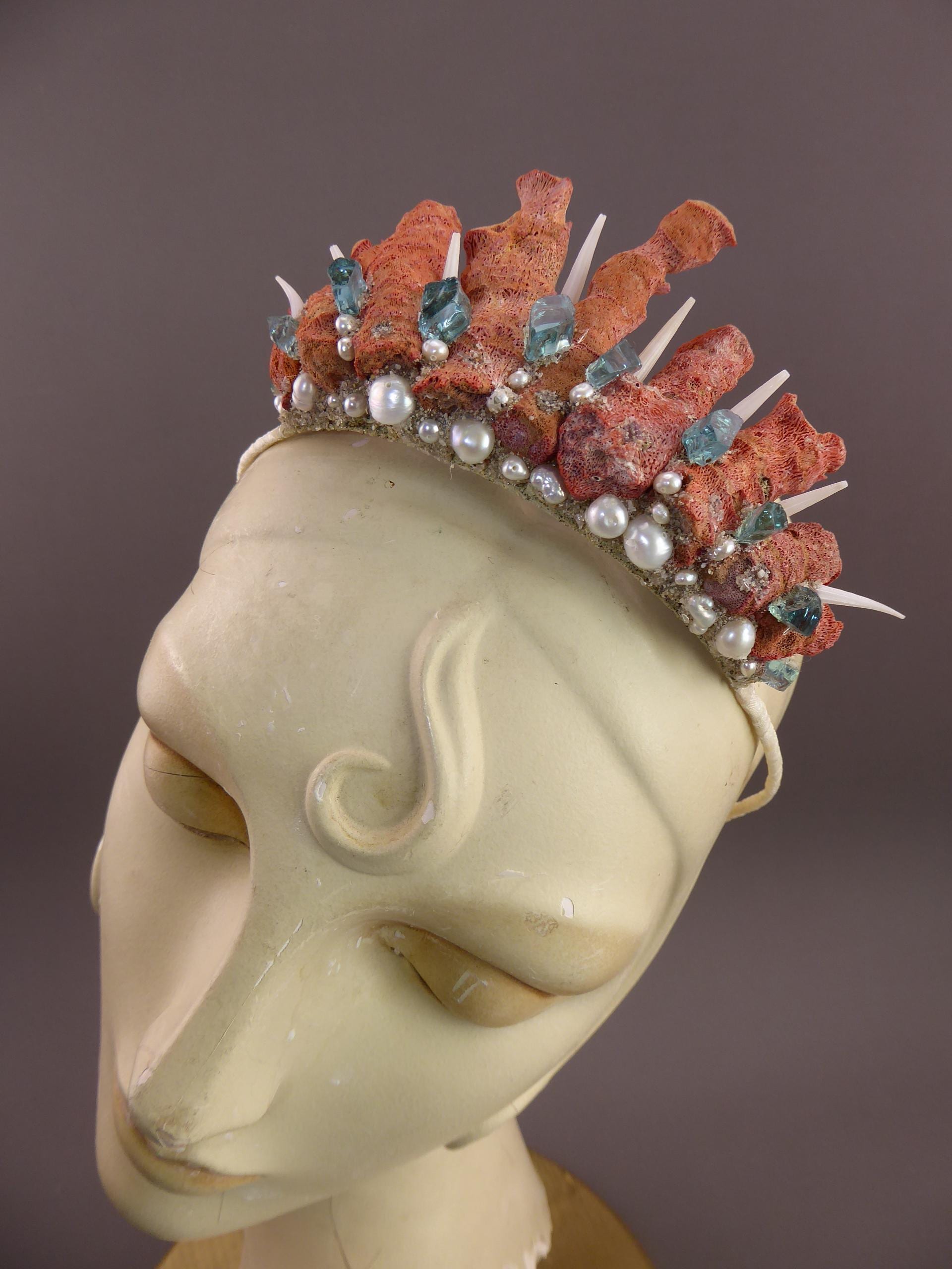Coral Mermaid Crown for Beach Wedding W. Blue Sea Glass, Pearls, Tusk ...