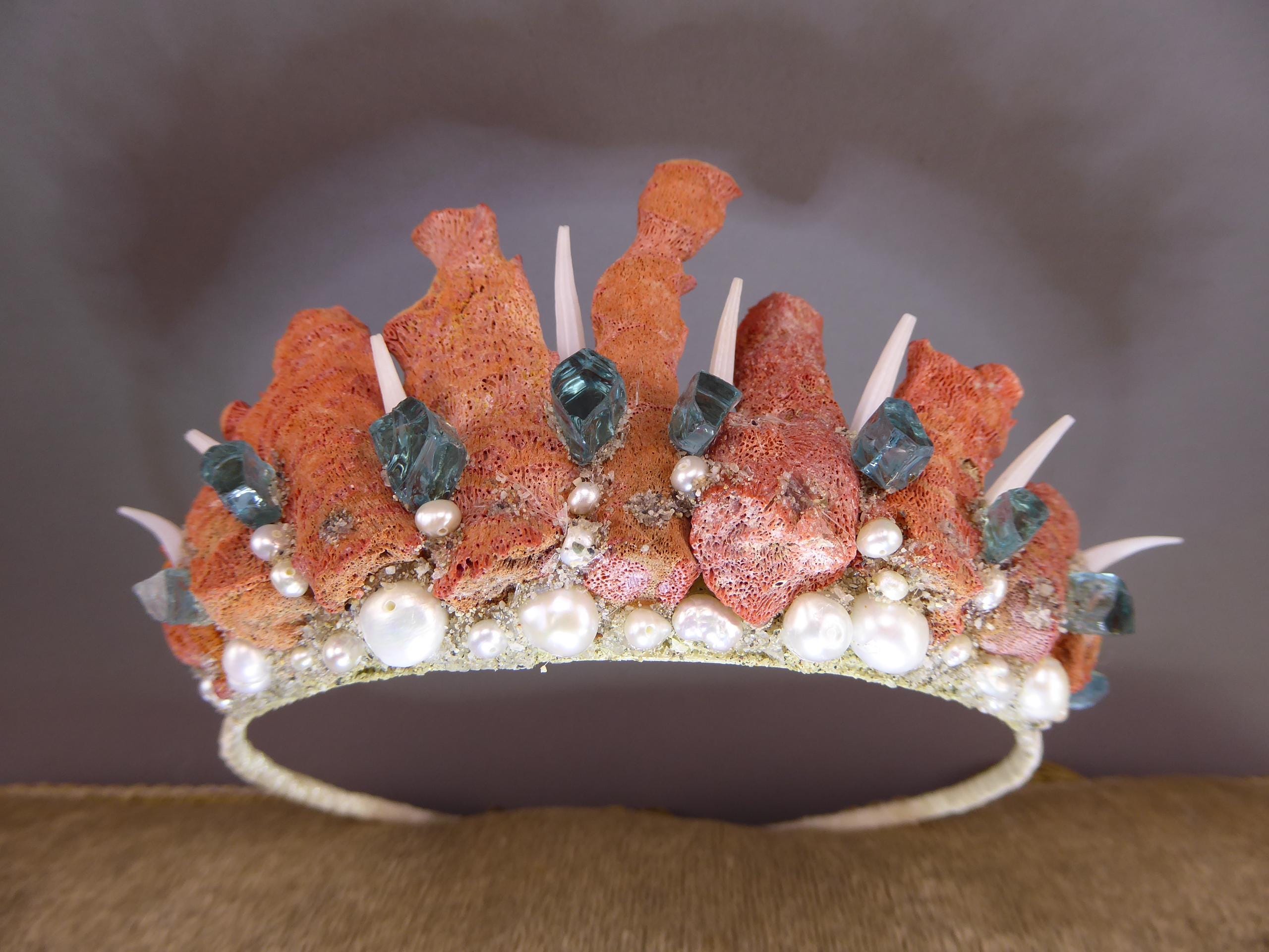 Coral Mermaid Crown for Beach Wedding W. Blue Sea Glass, Pearls, Tusk ...
