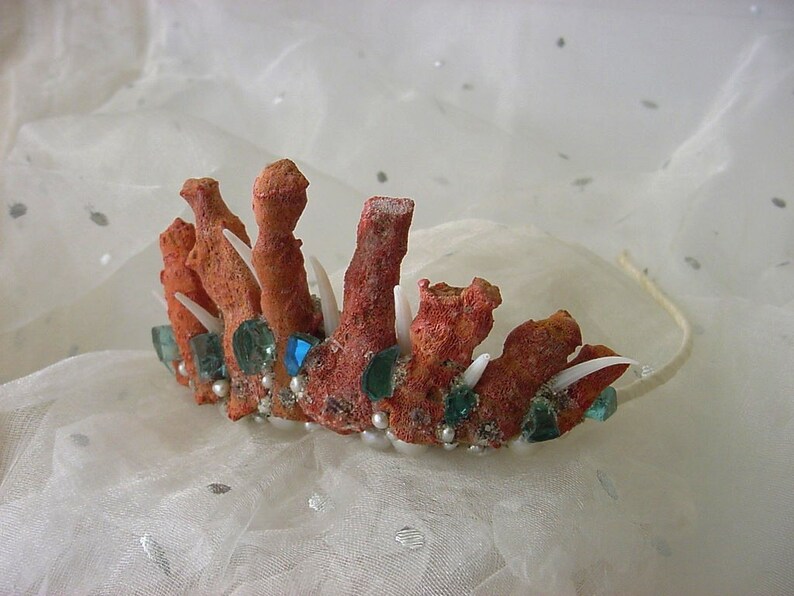 Coral Mermaid Crown for Beach Wedding W. Sea Glass, Pearls, Tusk Shells ...