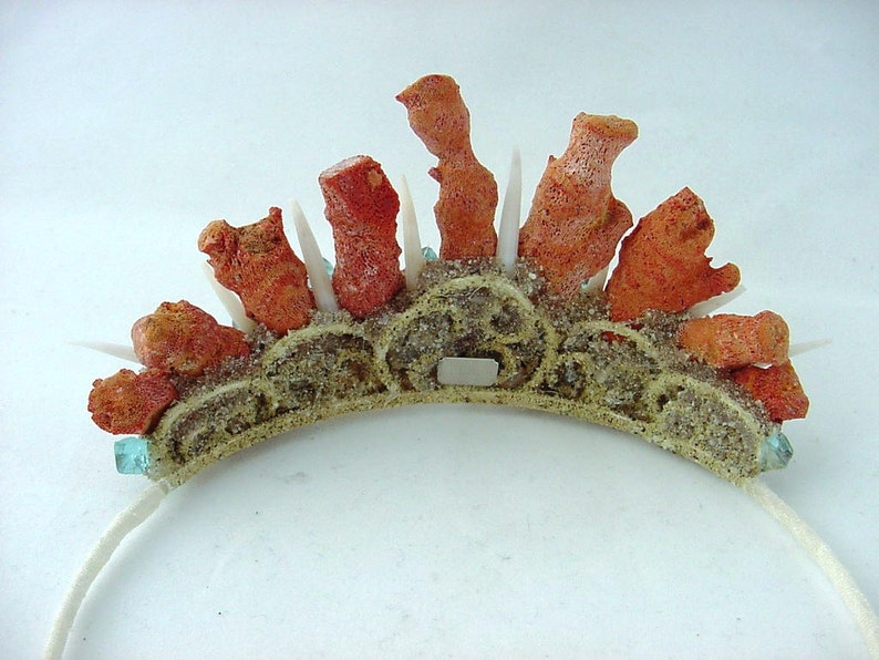 Coral Mermaid Crown for Beach Wedding W. Sea Glass, Pearls, Tusk Shells ...