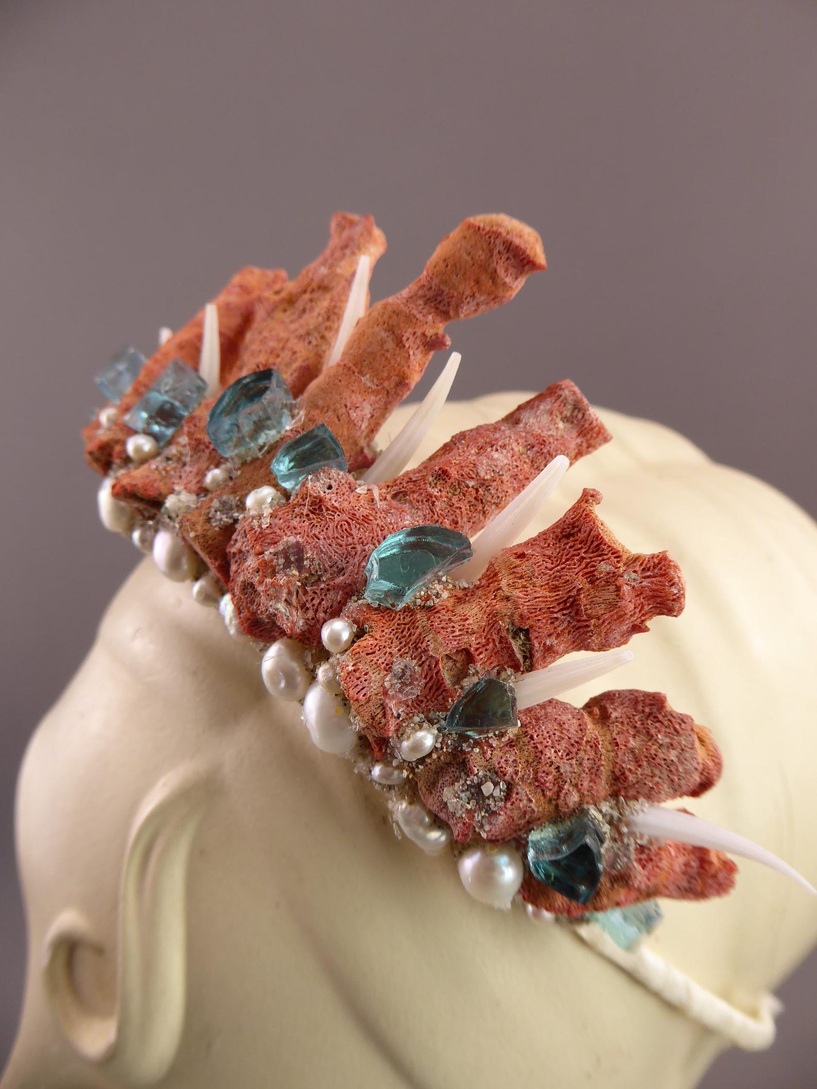 Coral Mermaid Crown for Beach Wedding W. Blue Sea Glass, Pearls, Tusk ...