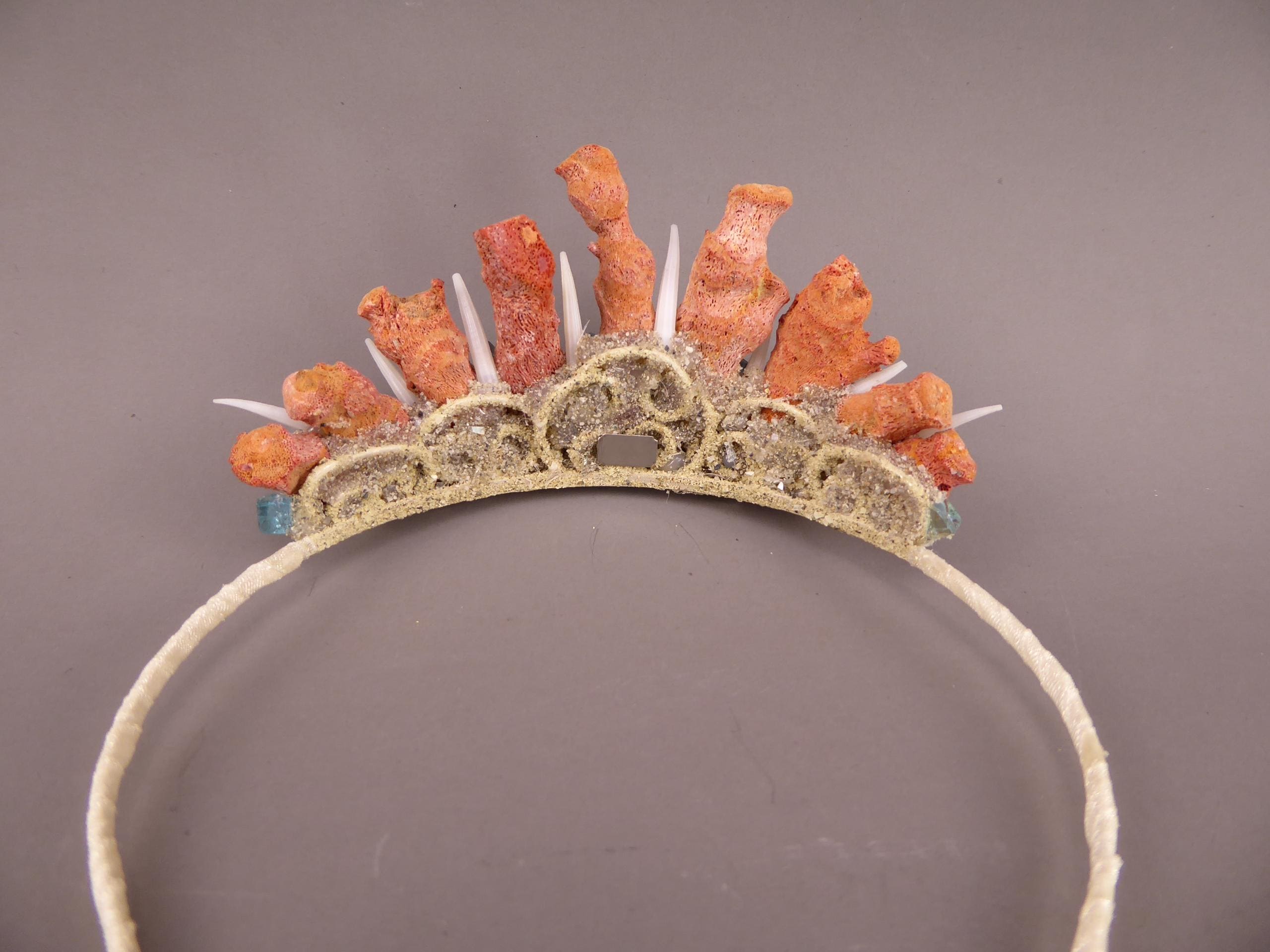 Coral Mermaid Crown for Beach Wedding W. Blue Sea Glass, Pearls, Tusk ...