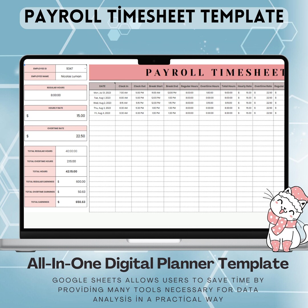Payroll Timesheet Template, Employee Work Hours Tracker, Weekly ...