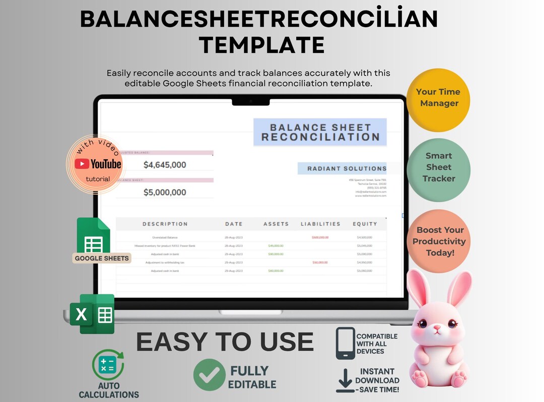 Balance Sheet Reconciliation Template: Editable Google Sheet (digital ...
