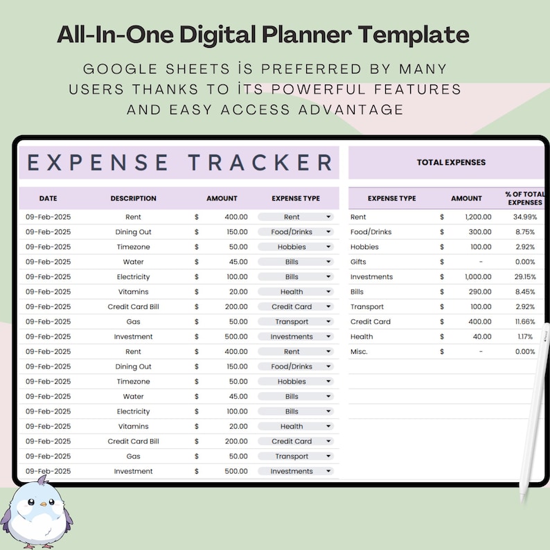 Expense Tracker Template, Google Sheets Excel, Editable Budget Planner ...
