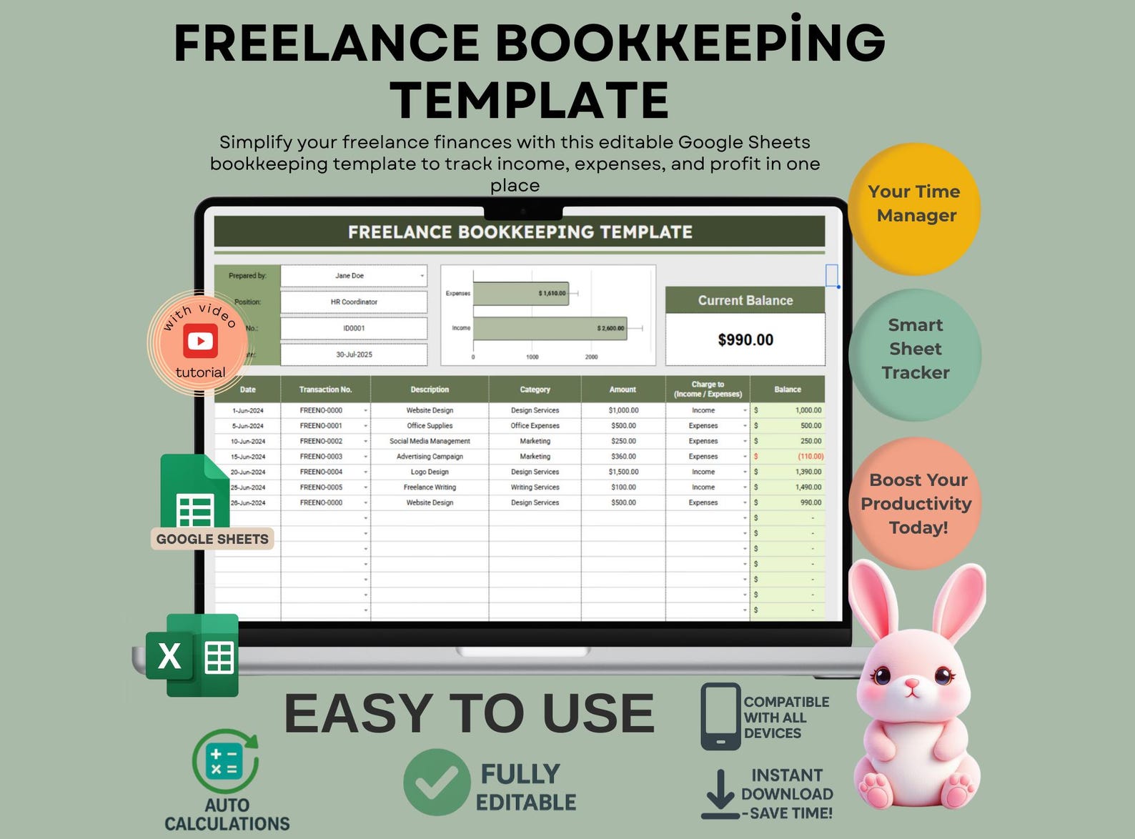 Freelance Bookkeeping Template: Editable Google Sheets Tracker (digital ...