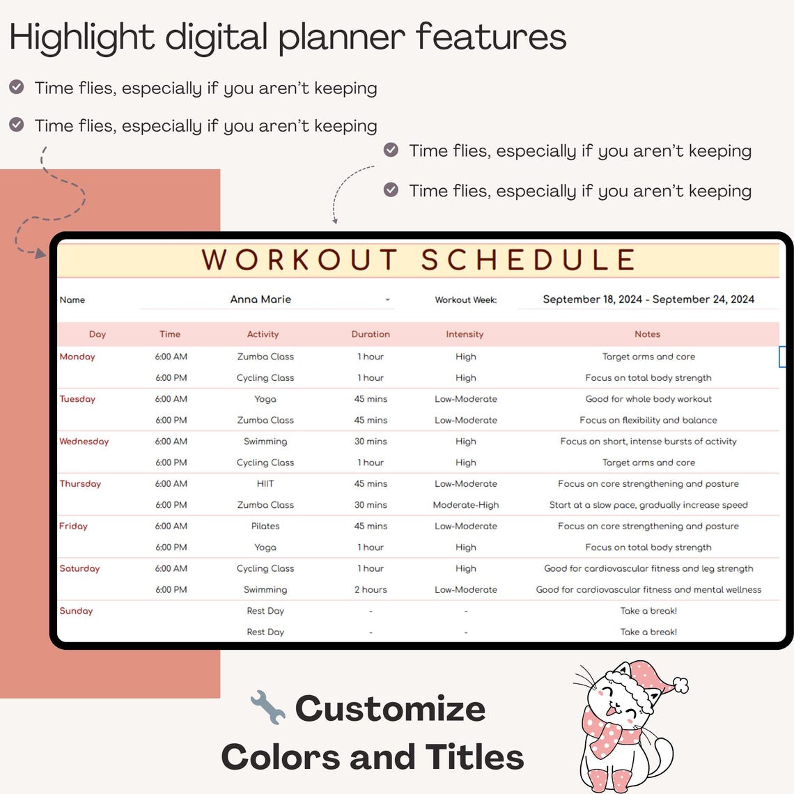 Workout Schedule Template for Google Sheets, Editable Fitness Planner ...