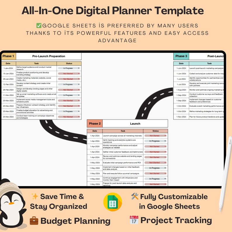 Construction Project Roadmap Template: Google Sheets Planner (digital ...