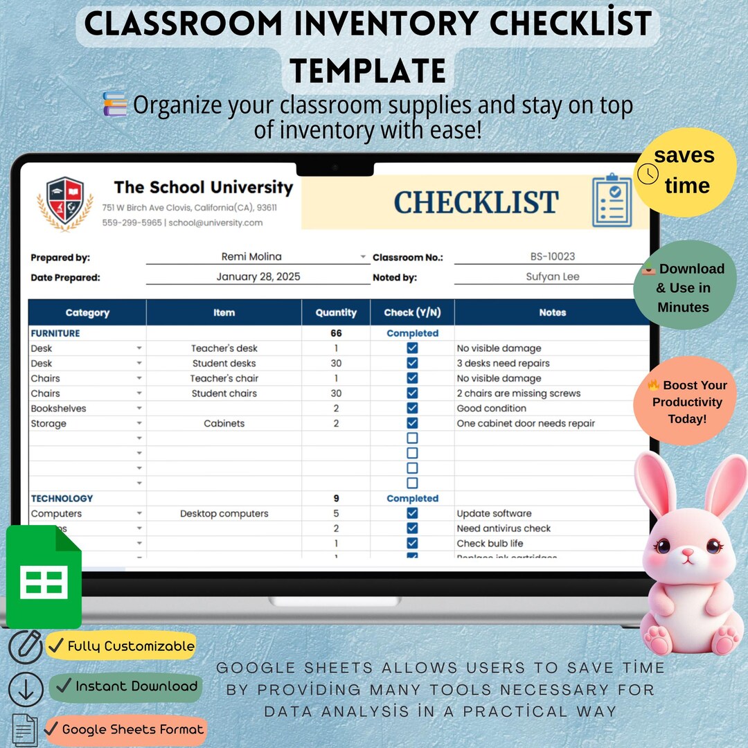 Classroom Inventory Checklist Template, Editable Google Sheets for ...
