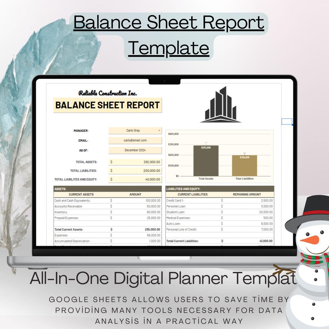 Balance Sheet Report Template, Editable Financial Tracker, Google ...