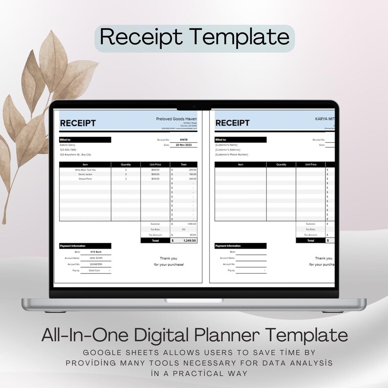 Receipt Template, Editable Google Sheets Digital Download, Easy-to-use ...