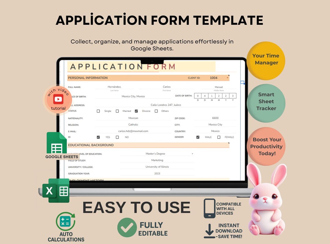 Editable Application Form Template: Google Sheets, Instant Download - Etsy
