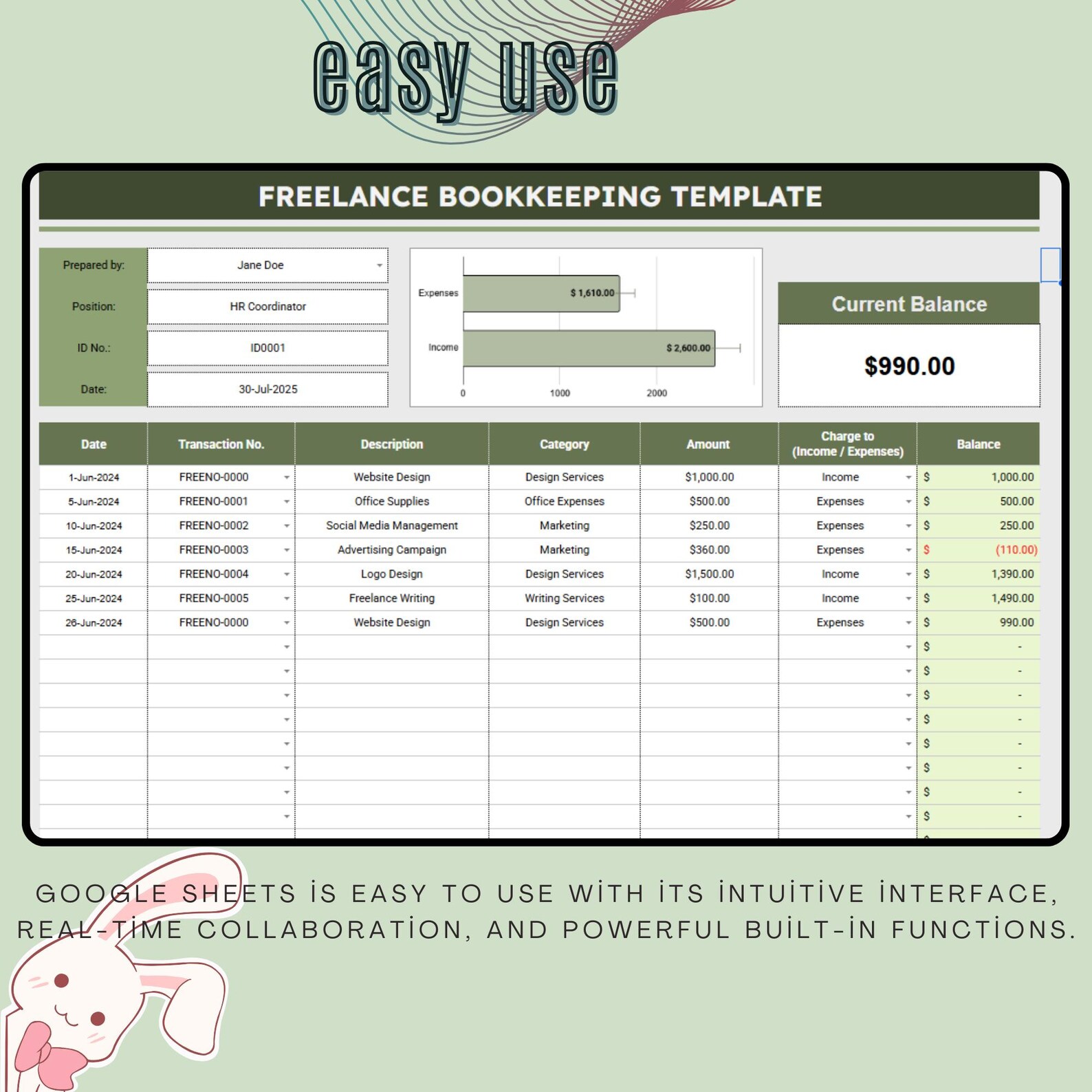 Freelance Bookkeeping Template, Editable Google Sheets Income Expense ...