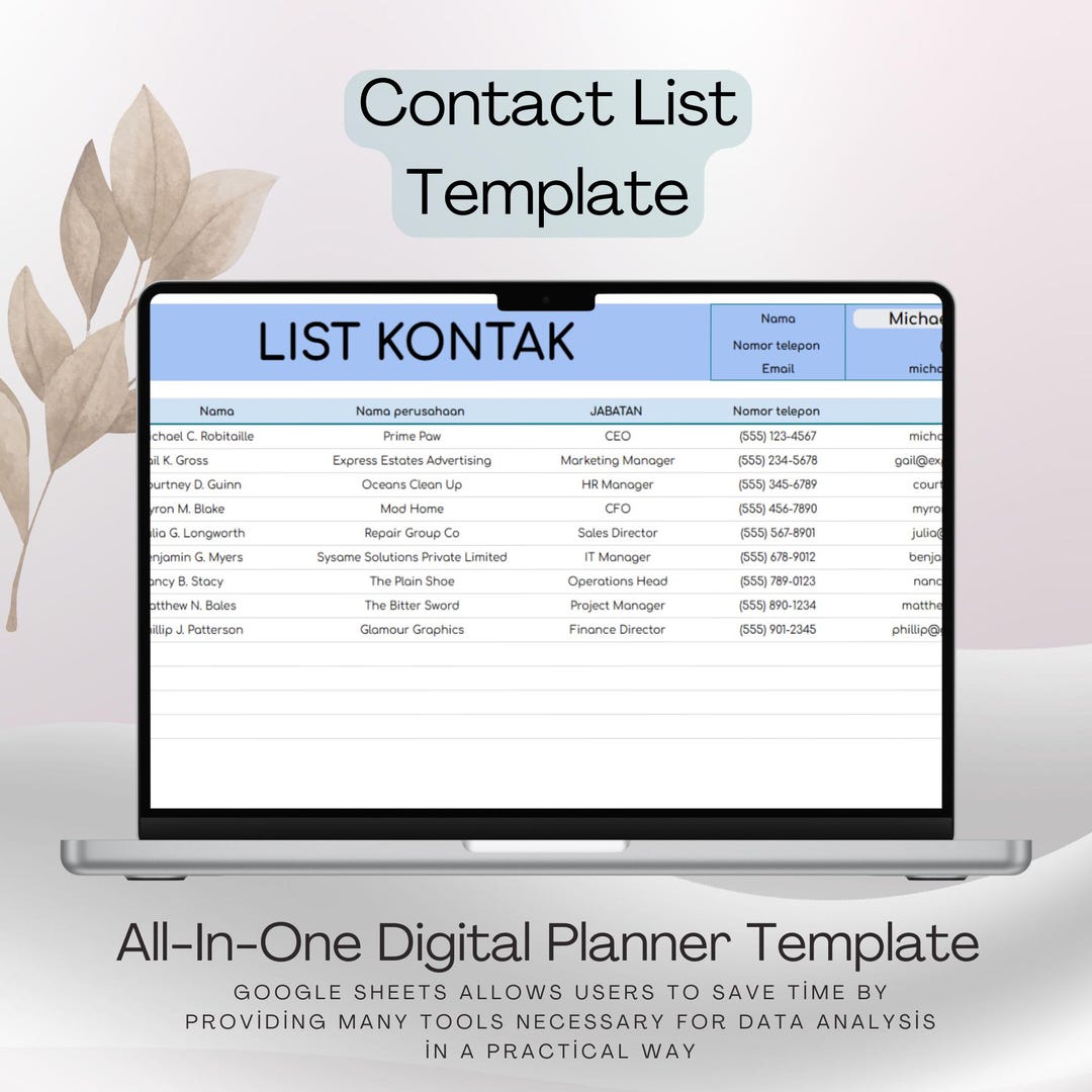 Contact List Template for Google Sheets, Editable Digital Download for ...