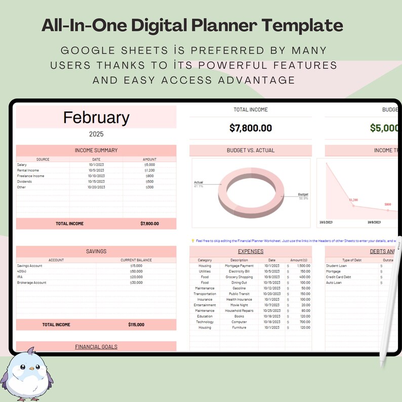 Financial Planner Template, Google Sheets & Excel, Editable Monthly ...