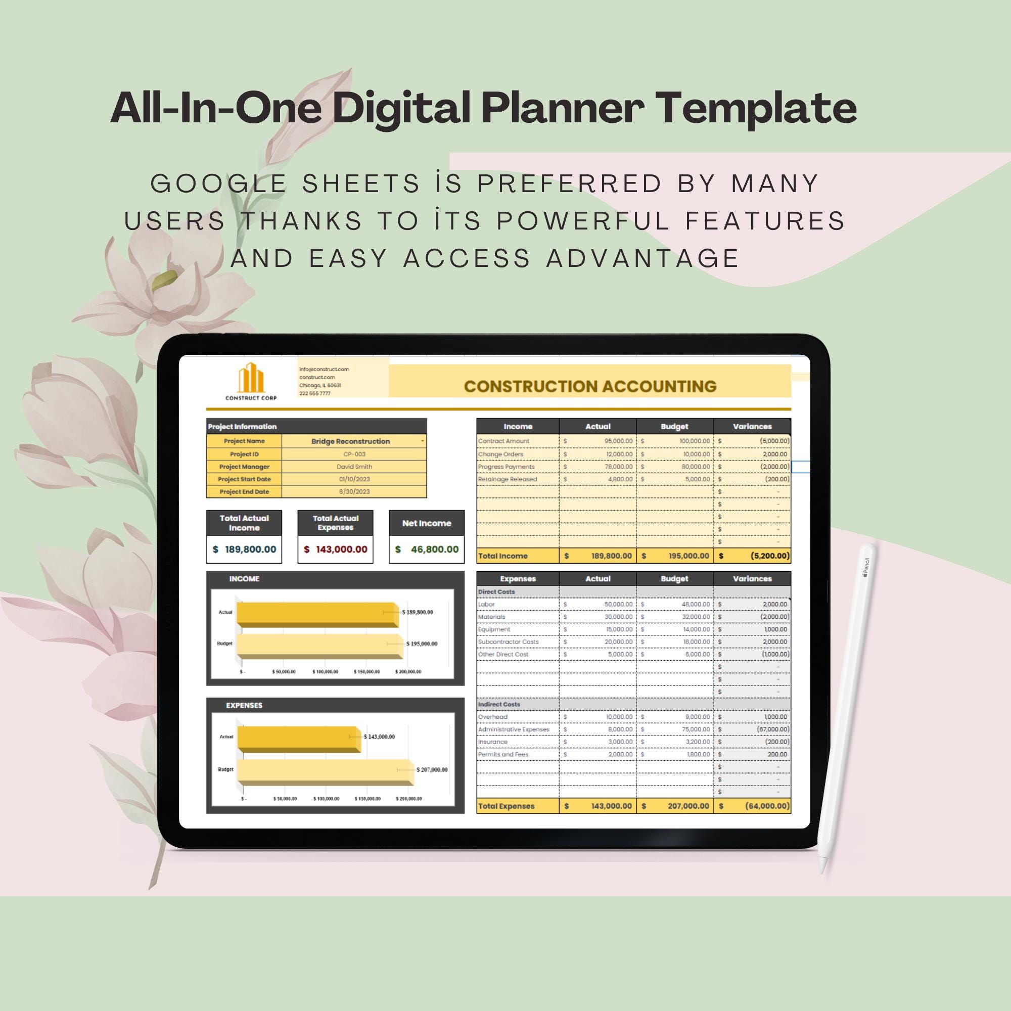 Construction Accounting Template, Digital Download, Editable Google ...
