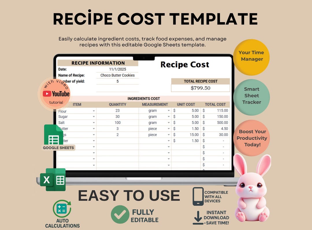 Recipe Cost Template, Editable Google Sheets Food Cost Calculator ...