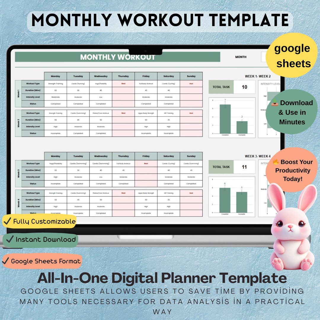 Monthly Workout Template, Google Sheets Planner, Editable, Fitness ...