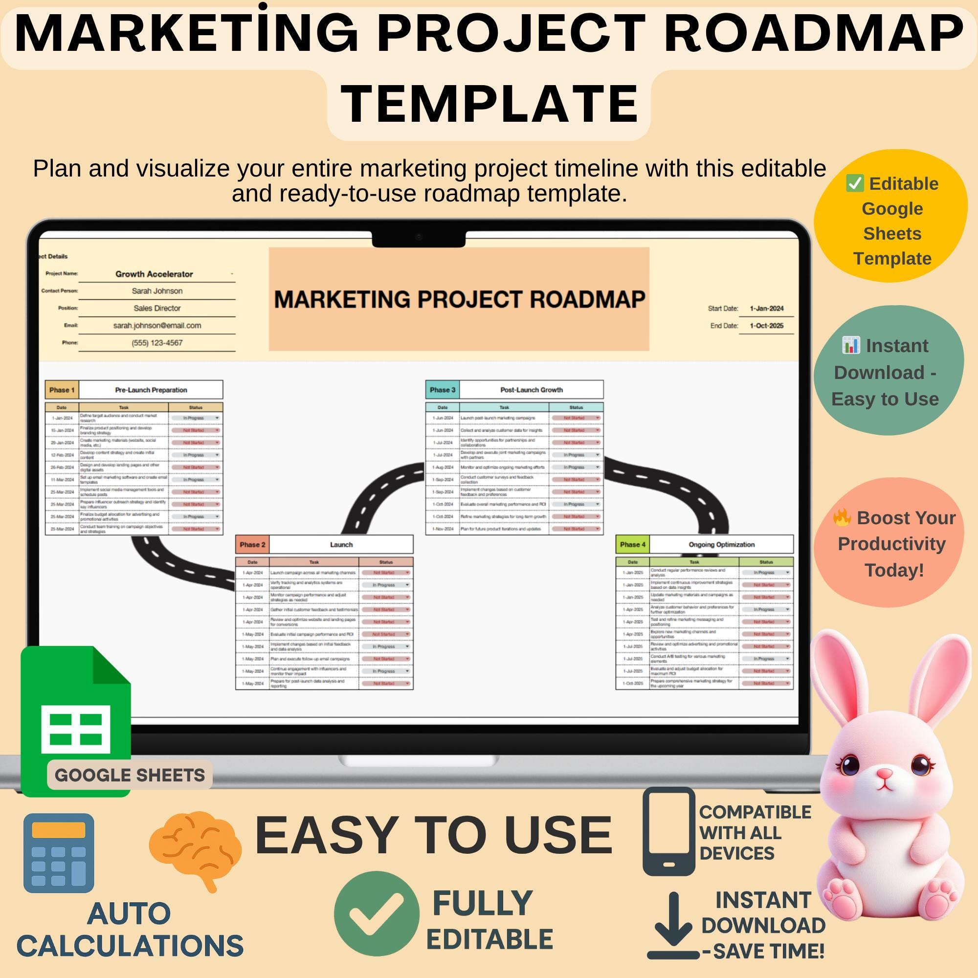 Construction Project Roadmap Template: Google Sheets Planner (digital ...