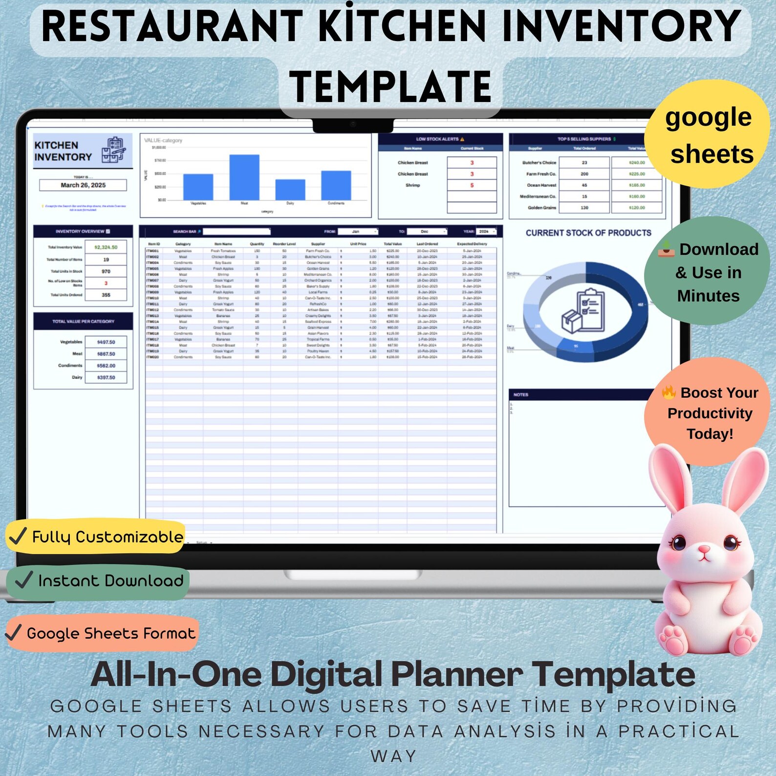 Restaurant Kitchen Inventory Template, Google Sheets Editable, Digital ...