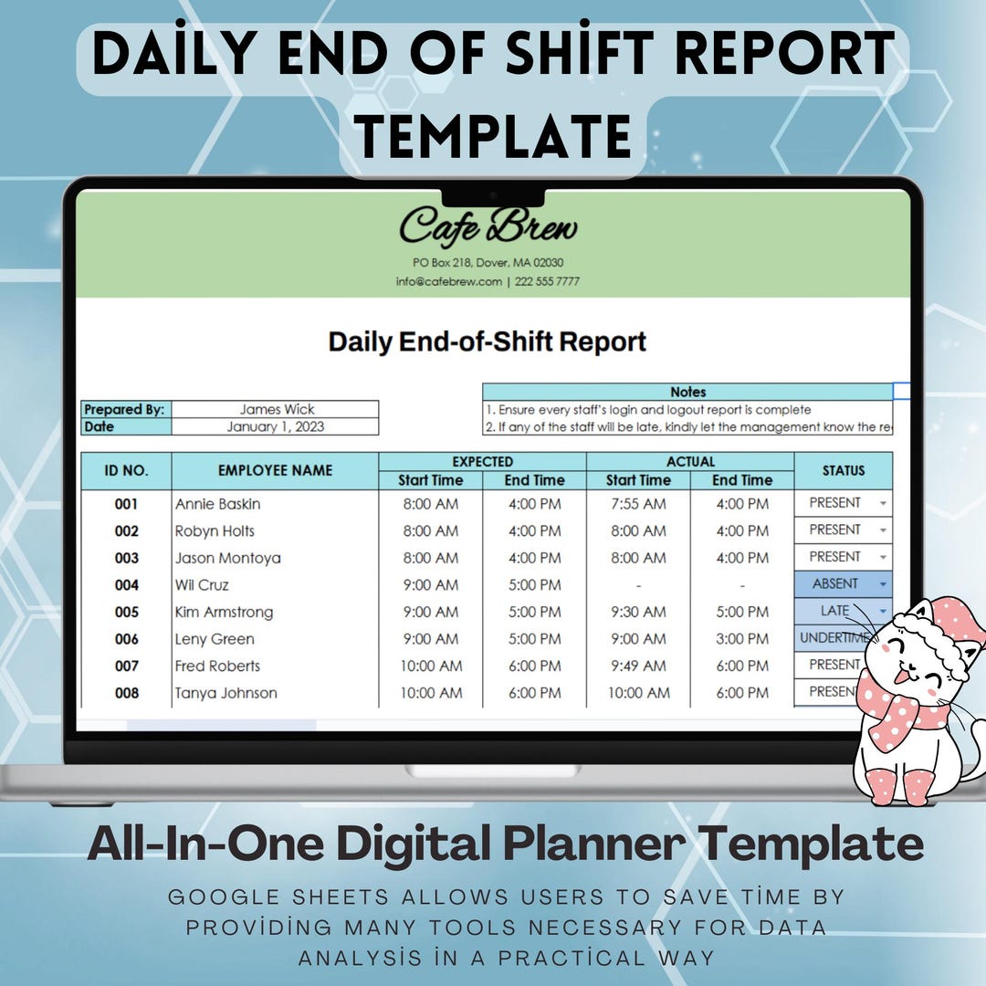 Daily End of Shift Report Template, Google Sheets, Work Log, Employee ...