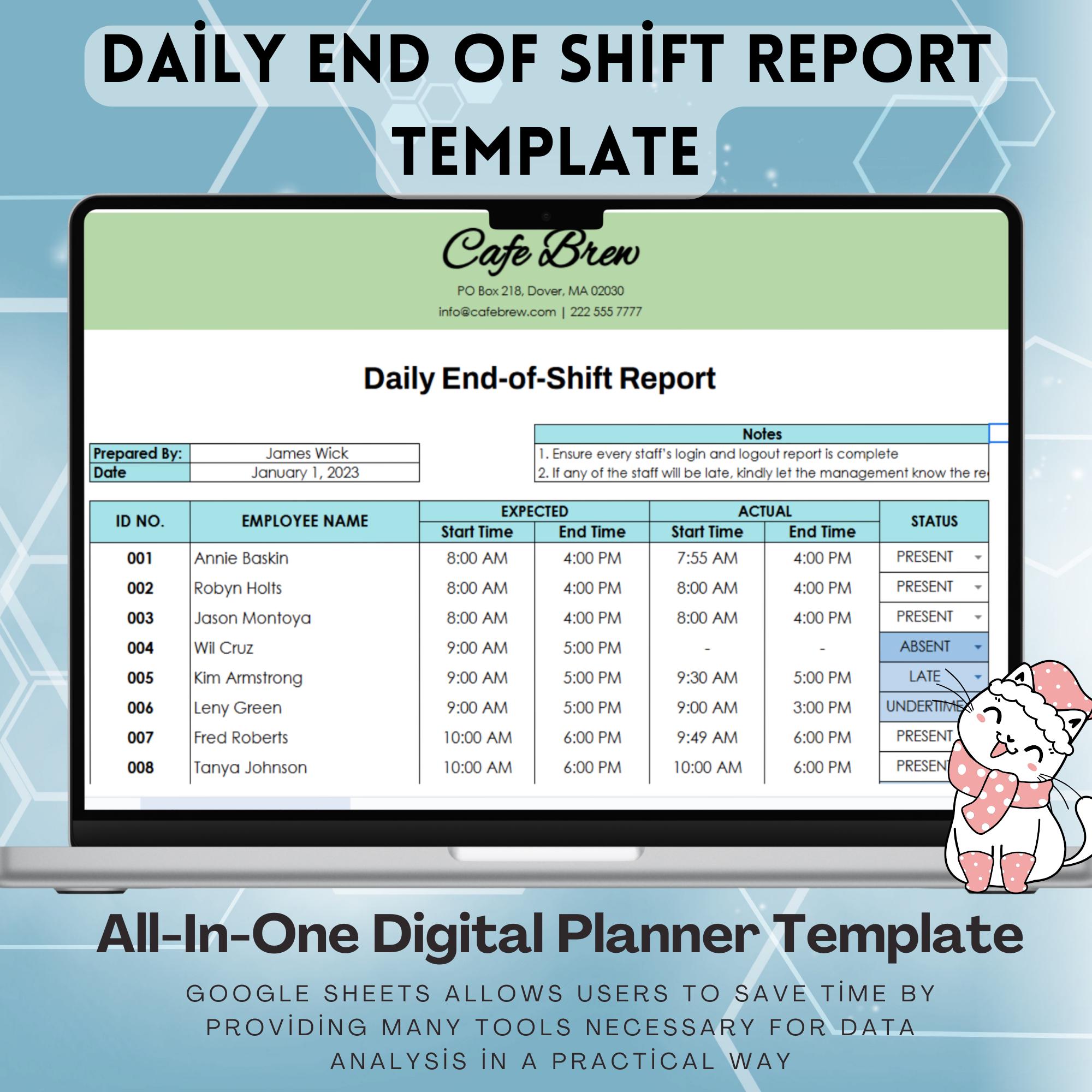 Daily End of Shift Report Template, Google Sheets, Work Log, Employee ...