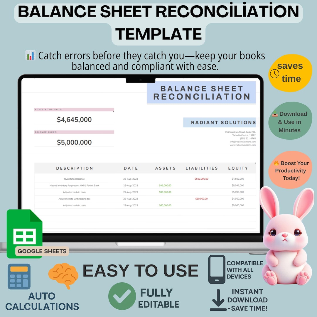 Balance Sheet Reconciliation Template for Finance Teams, Editable ...