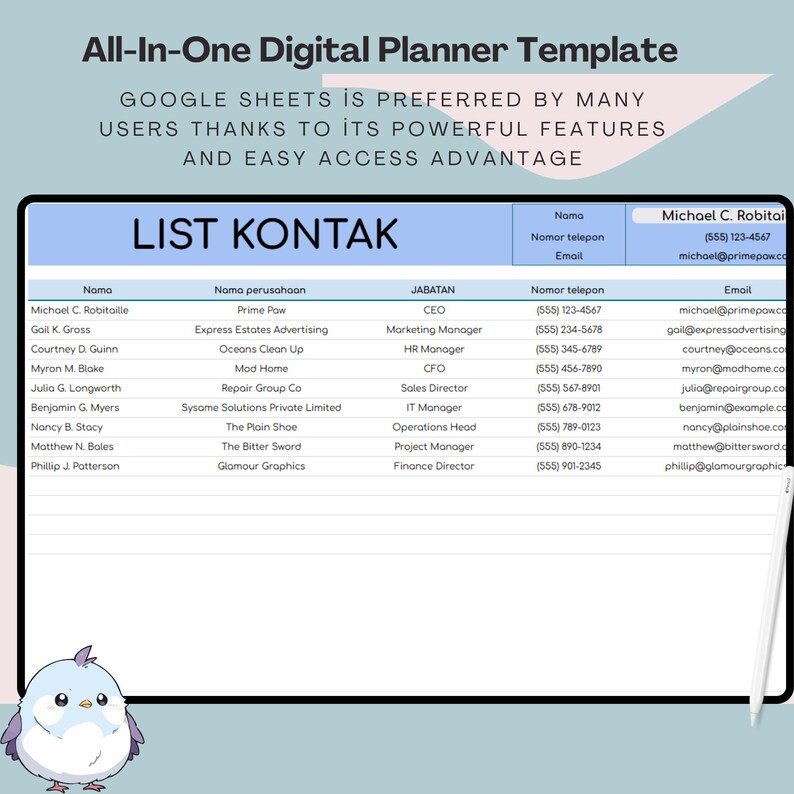 Contact List Template, Google Sheets, Editable Phone Directory, Address ...