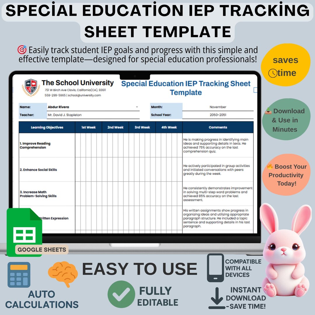 Special Education IEP Tracking Sheet Template, Editable Google Sheets ...