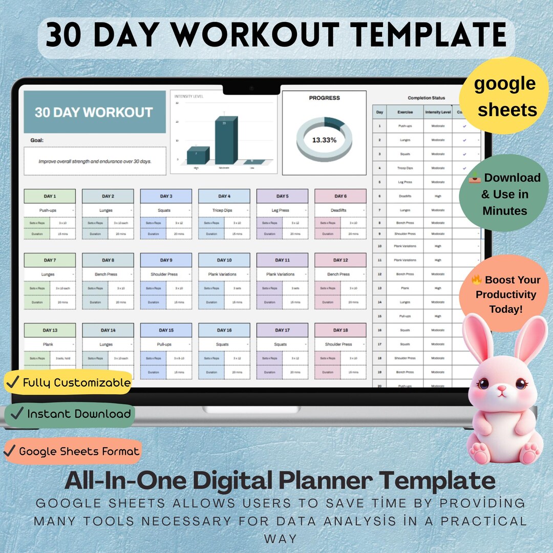 30 Day Workout Template, Editable Fitness Planner Google Sheets ...