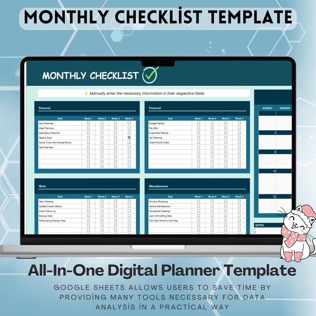 Monthly Checklist Template, Google Sheets, Editable To-do List, Task ...