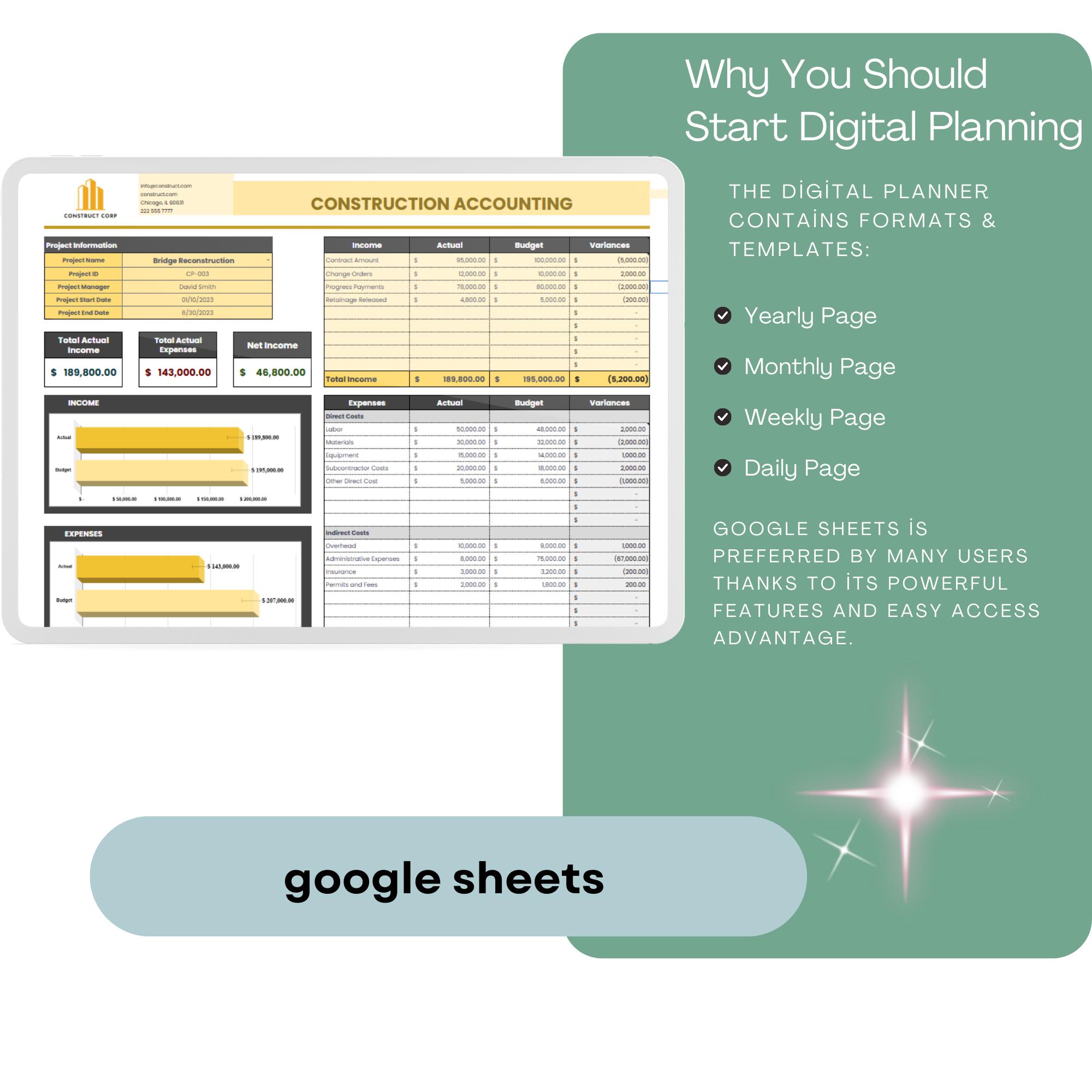 Construction Accounting Template, Digital Download, Editable Google ...