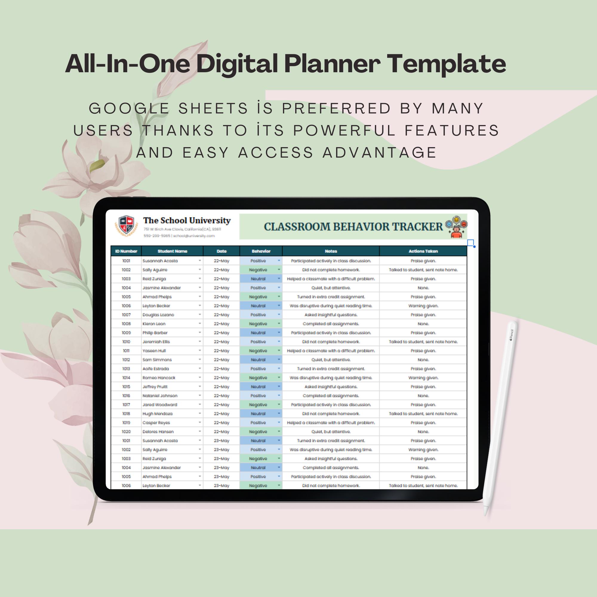 Classroom Behavior Tracker Template, Editable Google Sheets, Digital ...