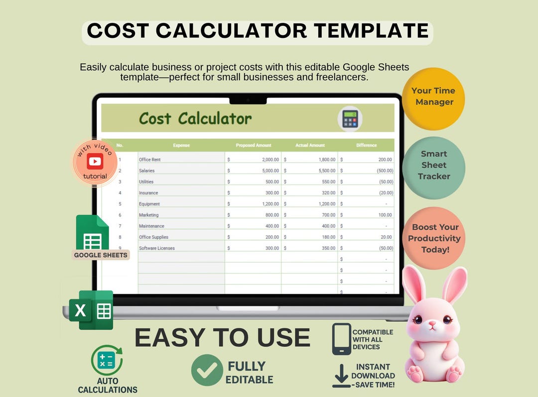 Cost Calculator Template Google Sheets, Editable Business Expense and ...
