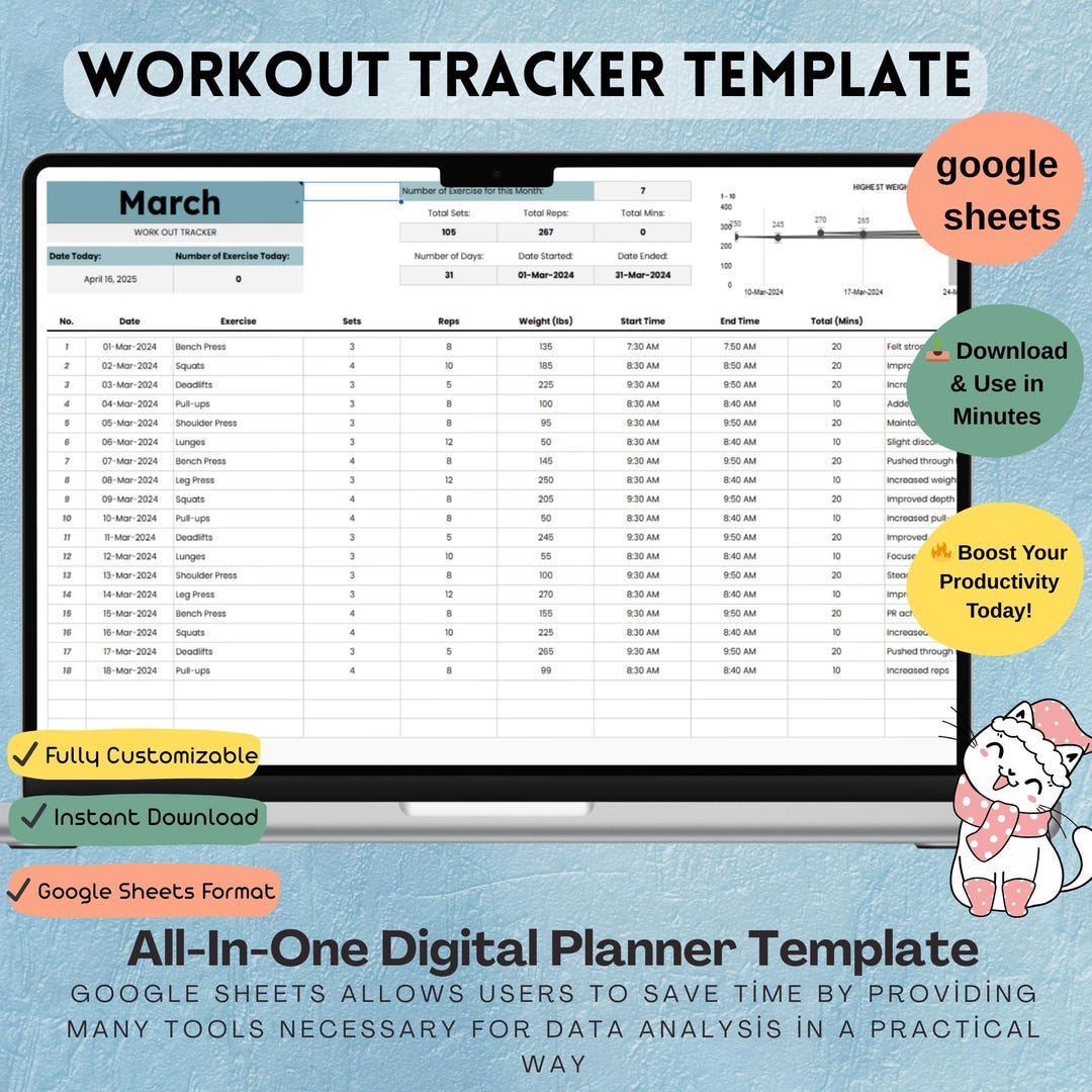 Workout Tracker Template, Editable Google Sheets Fitness Log, Digital ...