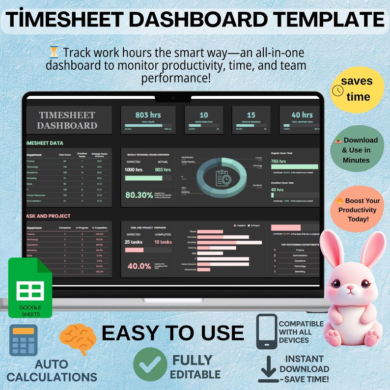 Timesheet Dashboard Template Google Sheets, Editable Work Hours Tracker ...