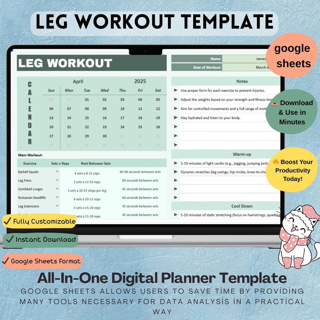 Leg Workout Template Digital Download, Editable Google Sheets Fitness ...