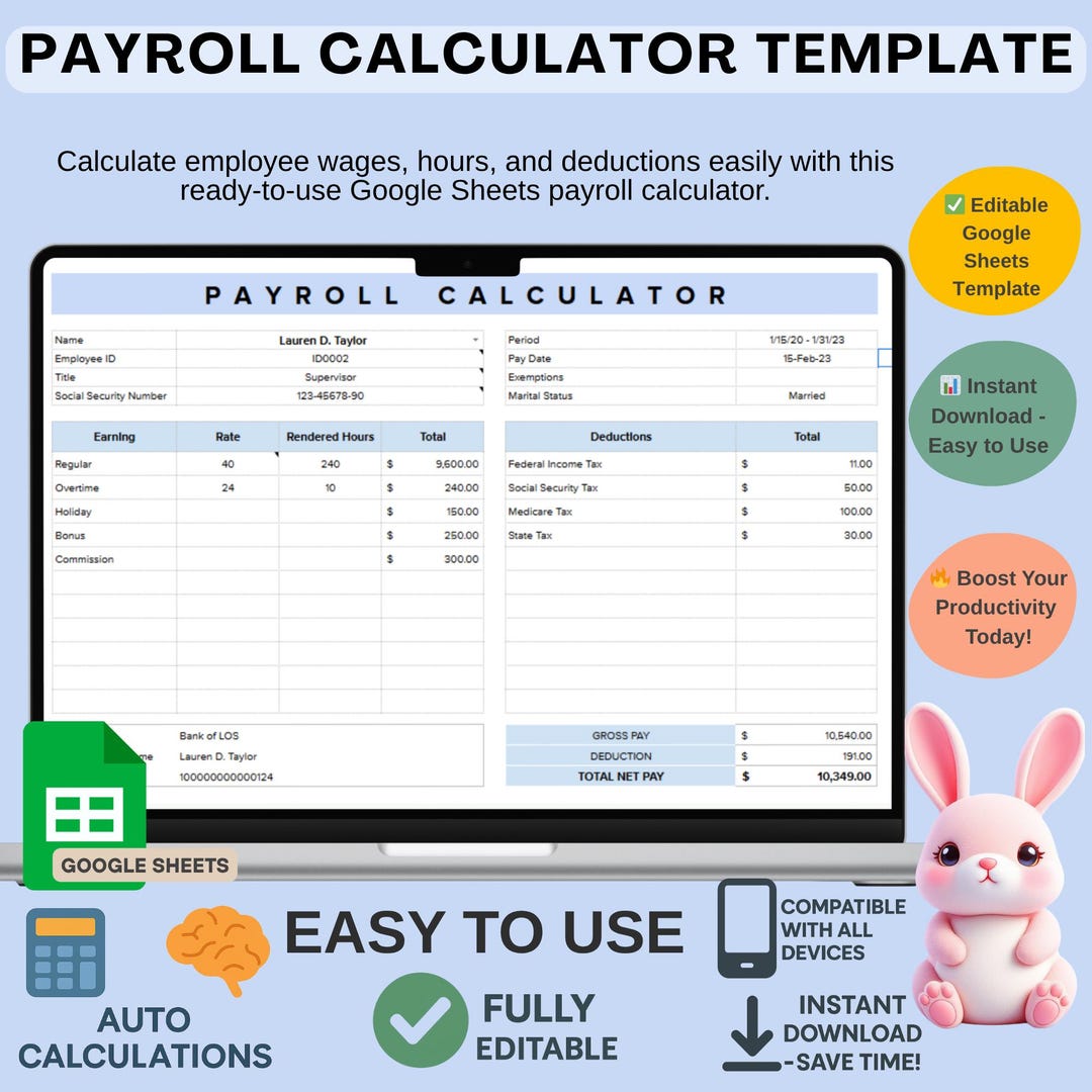 Payroll Calculator Template Google Sheets, Editable Employee Salary and ...