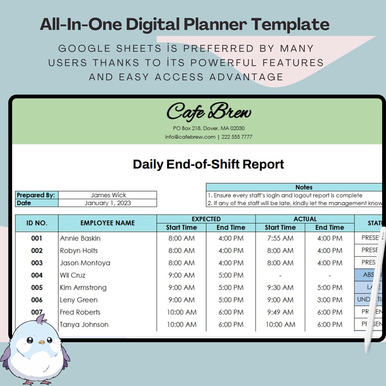 Daily End of Shift Report Template, Google Sheets, Work Log, Employee Report, Shift Summary ...