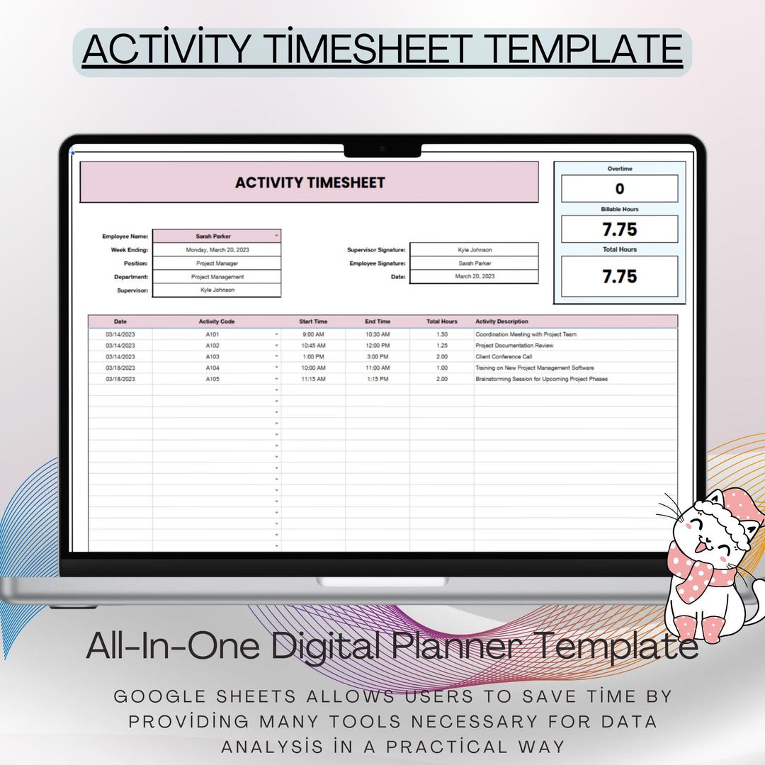 Activity Timesheet Template – Google Sheets, Editable Digital Download ...