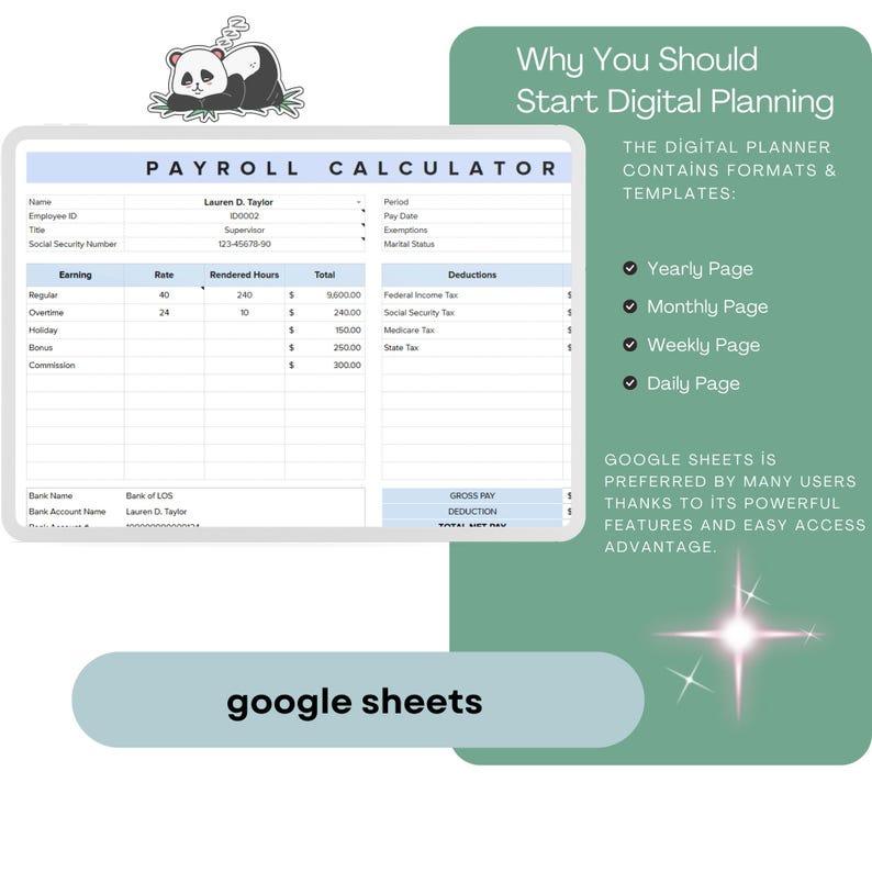 Payroll Calculator Template | Google Sheets | Editable Digital Download ...