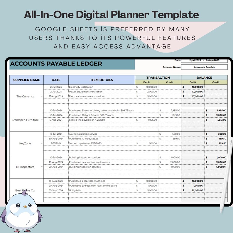 Accounts Payable Ledger Template, Google Sheets, Track Bills & Payments ...
